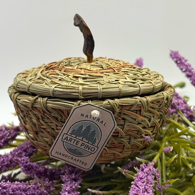 Handmade Pine Needle Box With Lid and Twig Handle | Natural Brown and Green Woven Basket ...