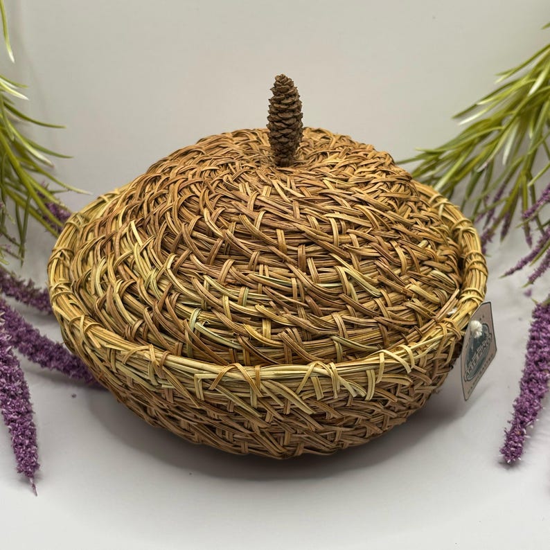 Handwoven Pine Needle Box With Lid and Mini Pinecone Top | Rustic Eco ...