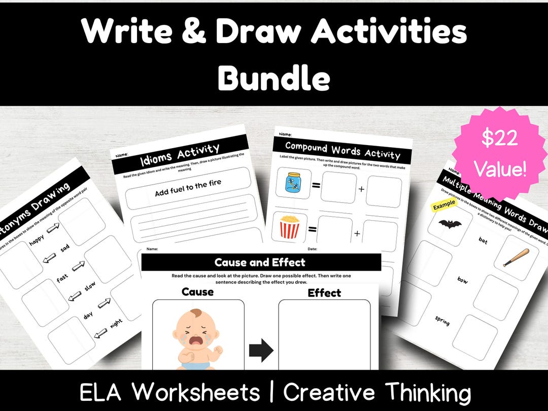 Write and Draw Worksheets Bundle | Antonyms, Compound Words, Idioms ...