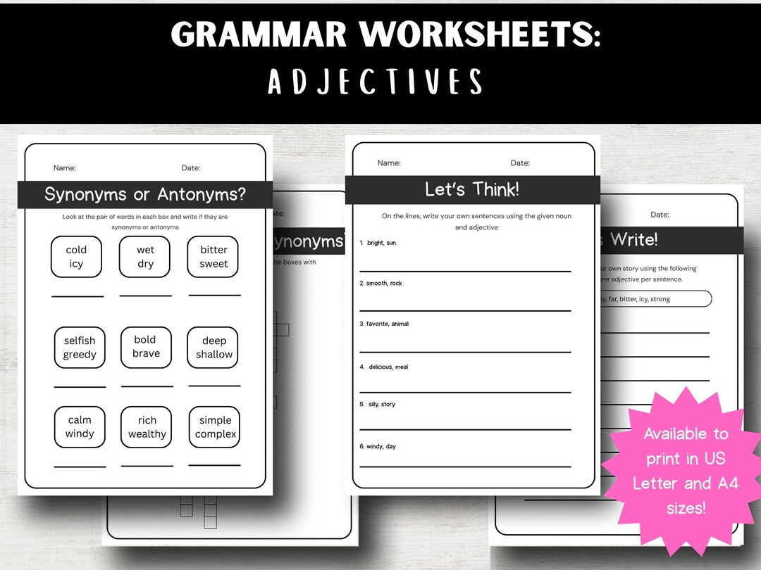 Adjectives Grammar Workbook: Language Arts Homeschool Printable ...