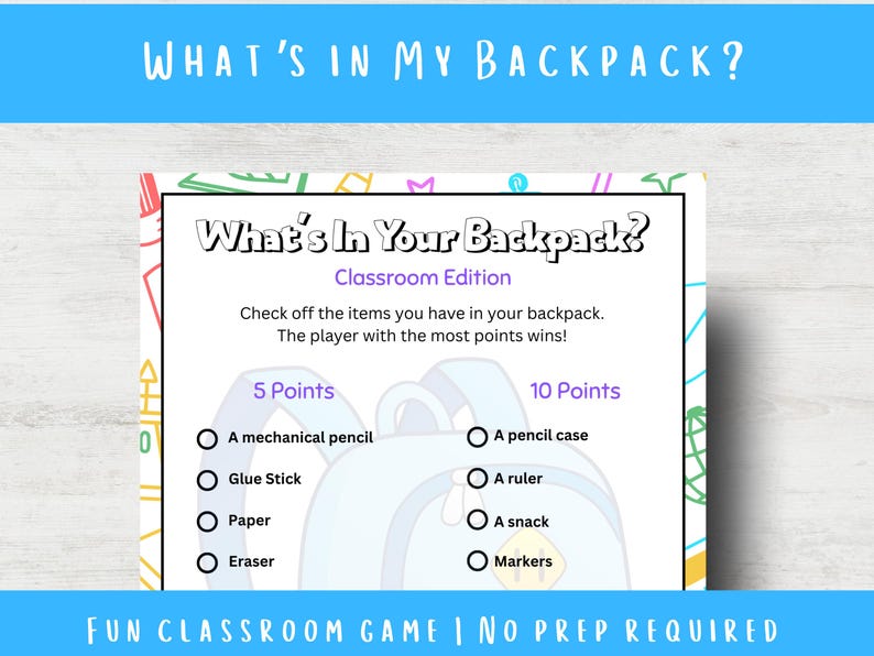 What's in My Backpack? Classroom Game | Printable Activity | Instant ...