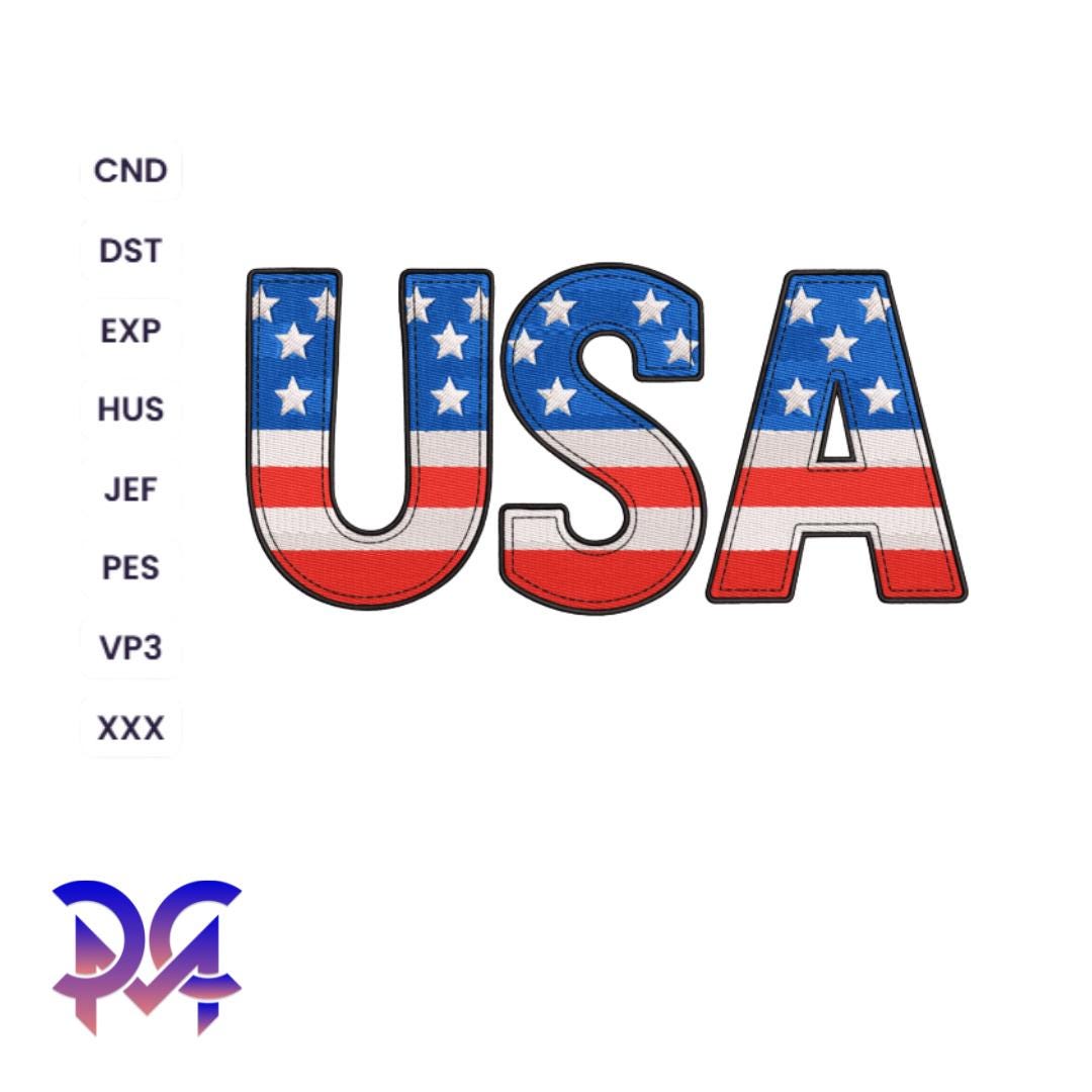 USA Flag Letters Embroidery Design Embroidery North America Embroidery ...