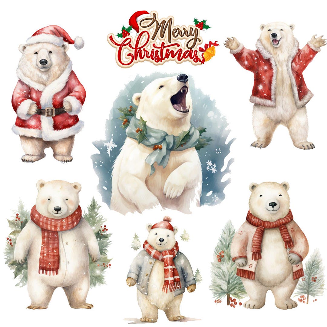 Set of 5 Polar Bear Christmas Clip Art Bundle | Cute Winter Bear PNG ...