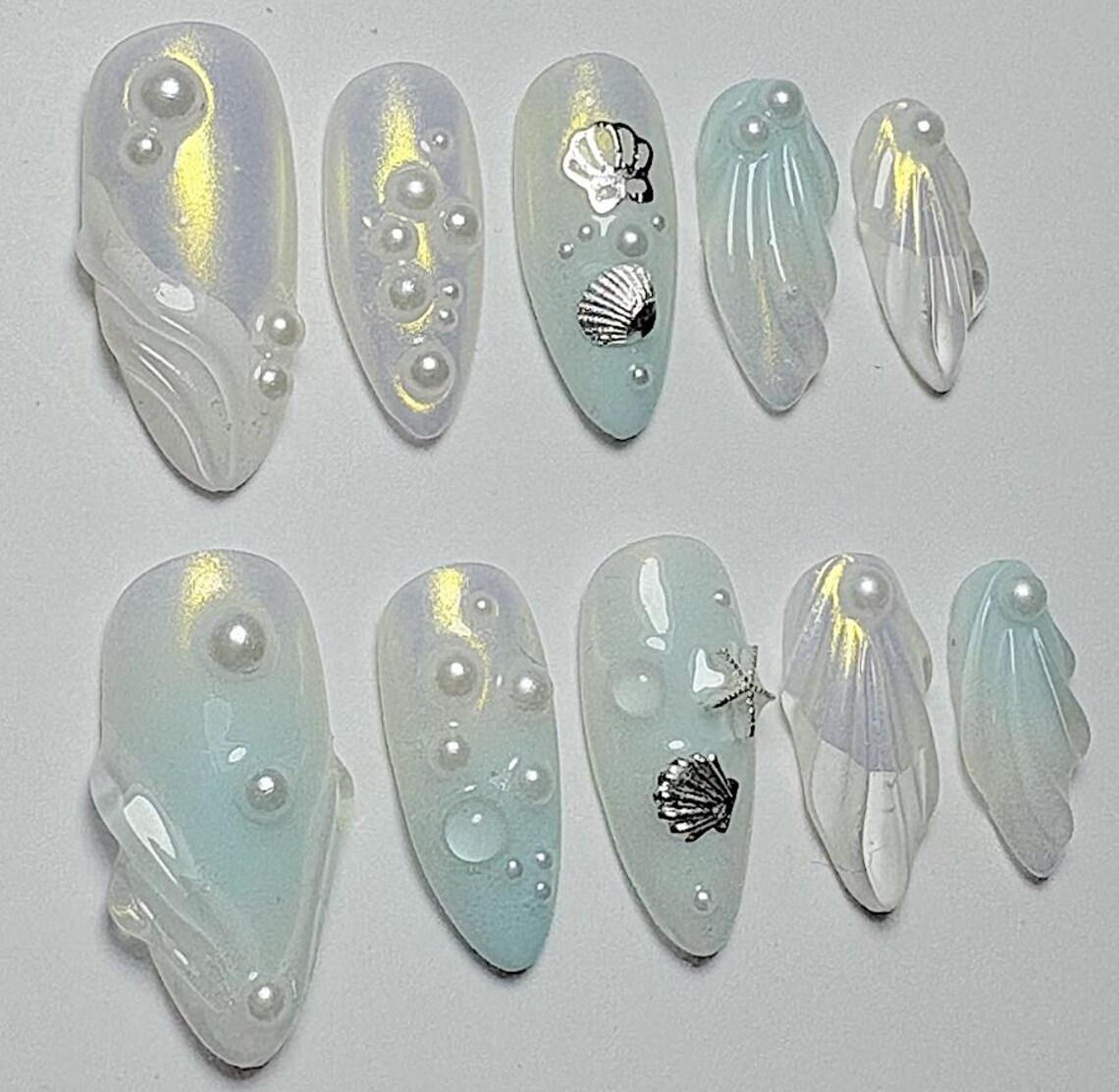 Mermaid Pearl and Shell Nails, Press on Nails, Beach Vibes Nails ...