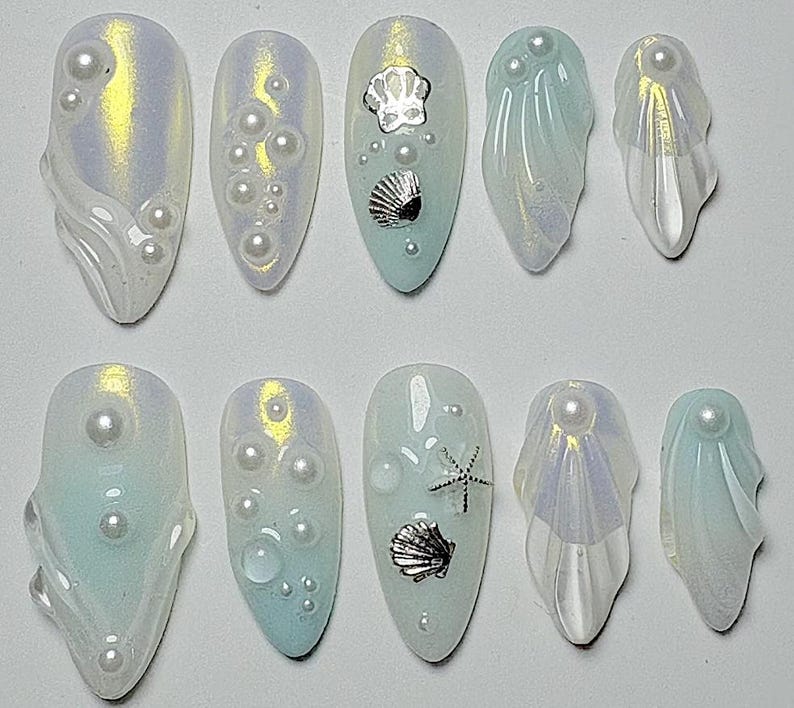 Mermaid Pearl and Shell Nails, Press on Nails, Beach Vibes Nails ...