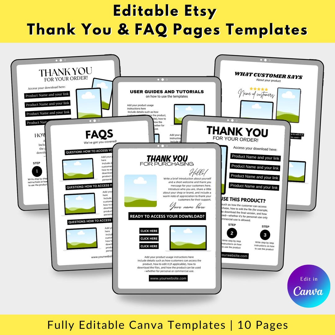 Editable Etsy Thank You Pages and FAQS Bundle for Small Business Canva ...
