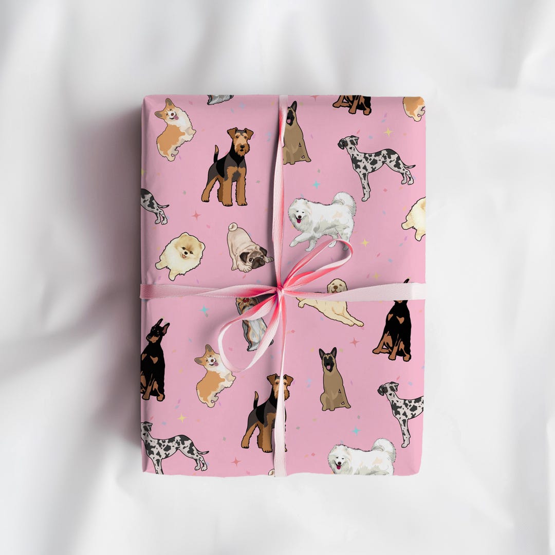 Cute Dogs Breed Wrapping Paper Pastel Pink Pattern Gift Wrap for Dog ...