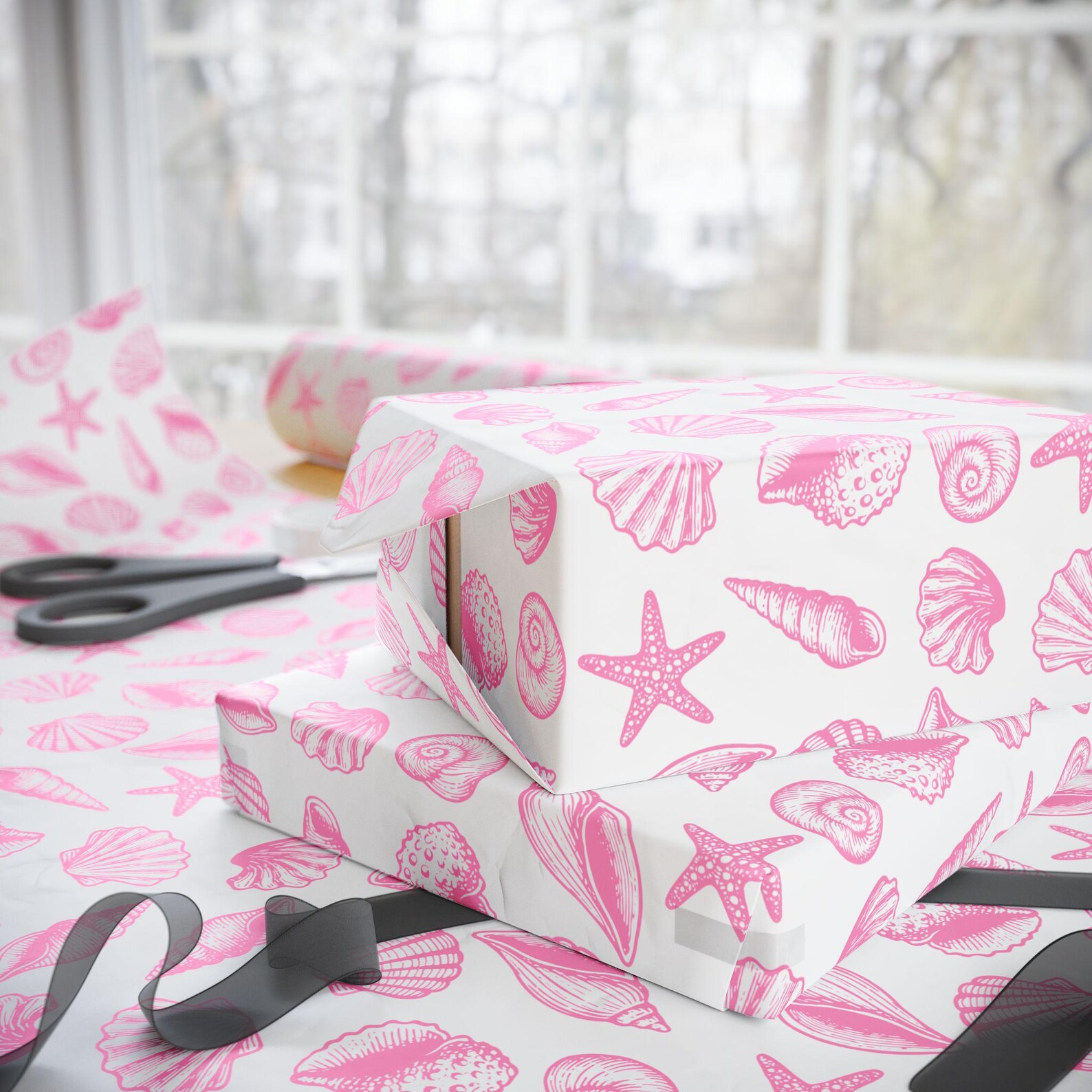 Pink Sea Shells Wrapping Paper Beach Coastal Pattern Gift Wrap Roll for ...