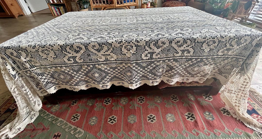 Vintage Rectangular Cotton Crochet Tablecloth - Floral Lace Pattern - Etsy