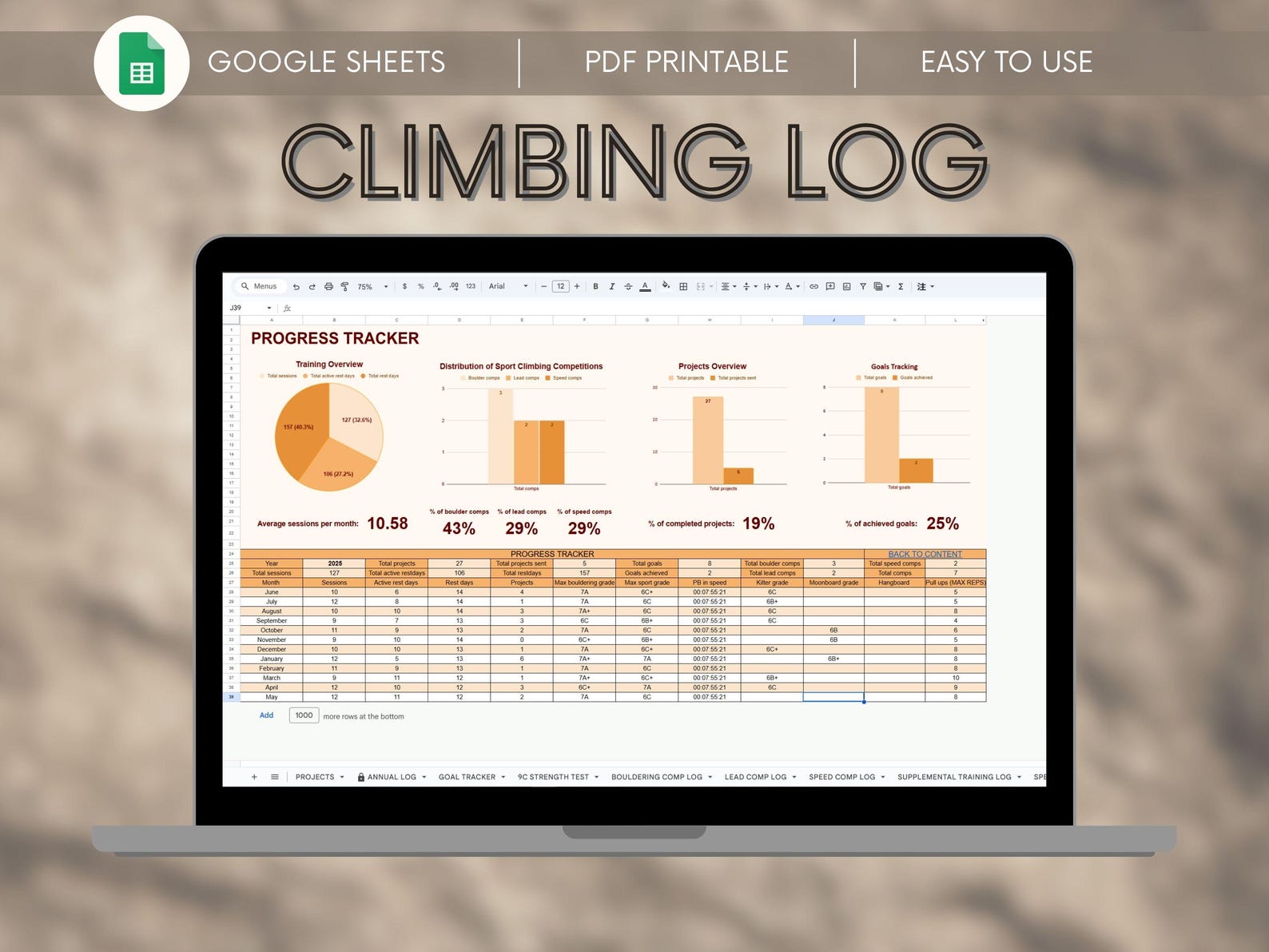 Digital Climbing Log and Planner, Google Sheets & Printable Versions ...