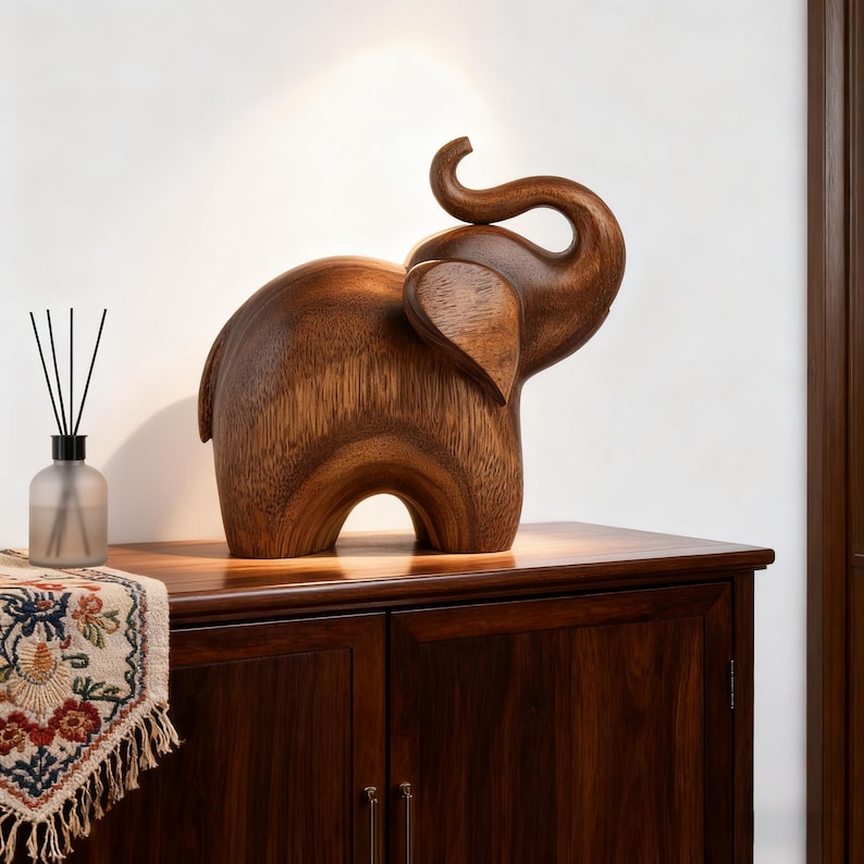 Hand Carved Wooden Elephant Figurine, Realistic Animal Sculpture ...