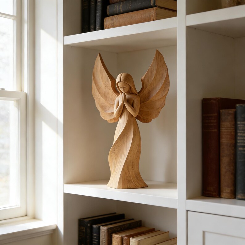 Hand-carved Solid Wood Angel Sculpture With Folded Hands,elegant Wings ...