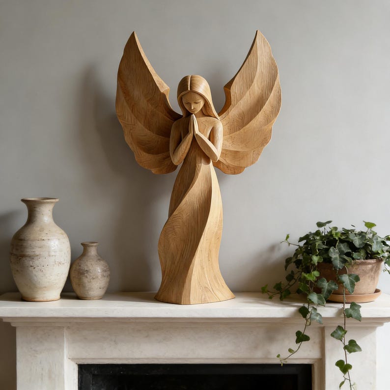 Hand-carved Solid Wood Angel Sculpture With Folded Hands,elegant Wings ...