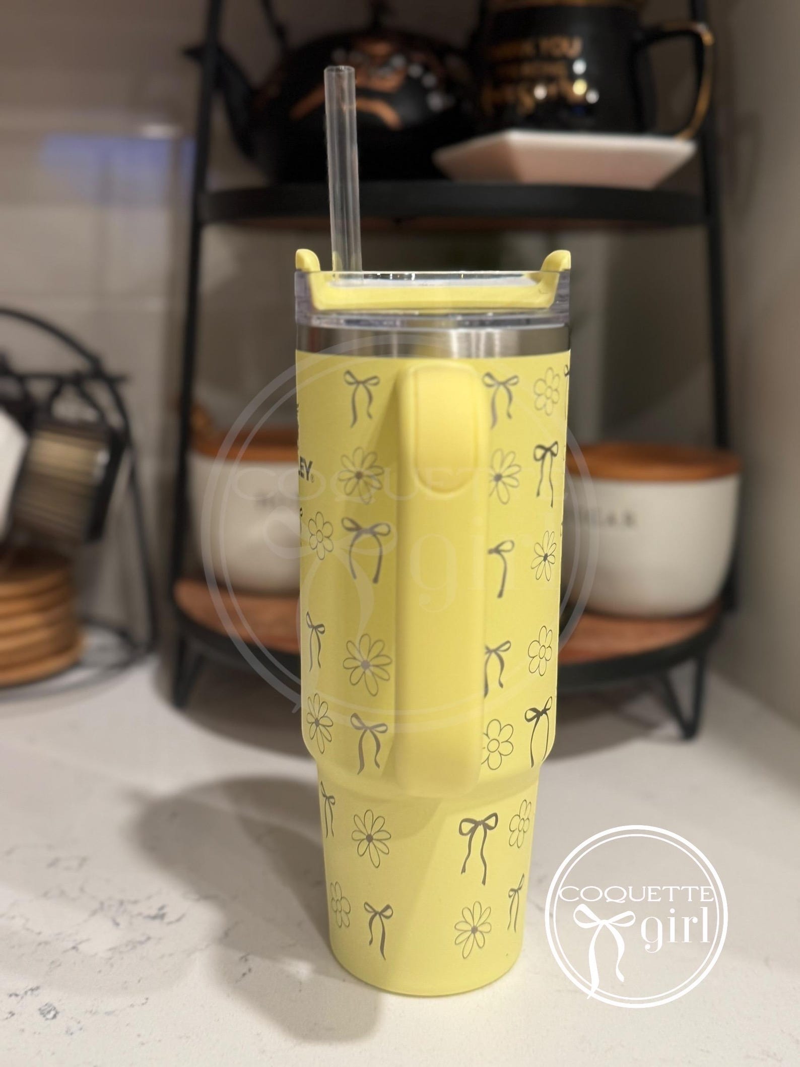 Stanley Lemonade Engraved Tumbler | Coquette Daisy | Cute Bow Tumbler ...