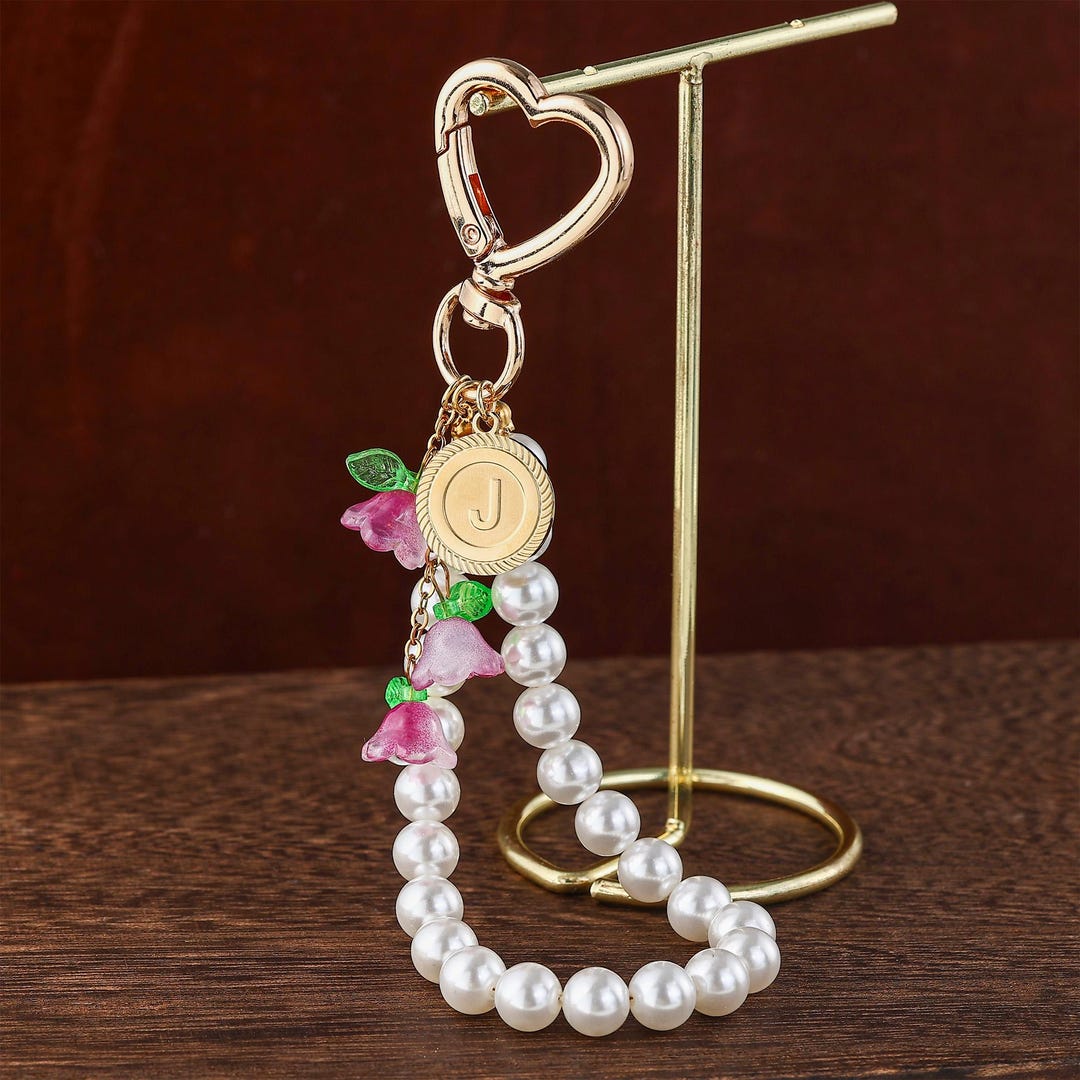 Custom Initial Lily of the Valley Flower Keychain, Pearl Beaded Heart ...