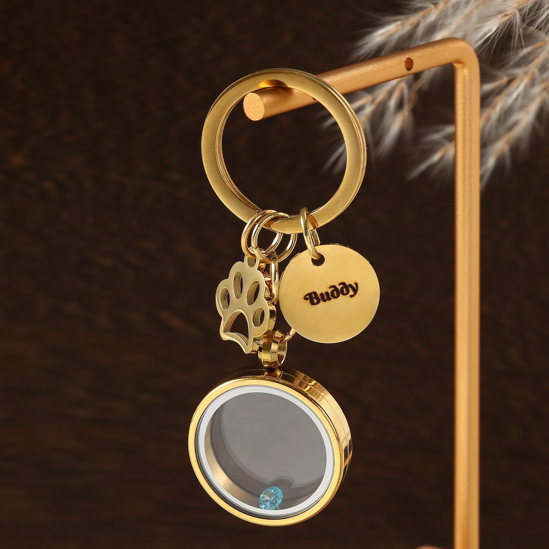 Custom Pet Name & Birthstone Keychain, Paw Print Memory Locket for Pet ...