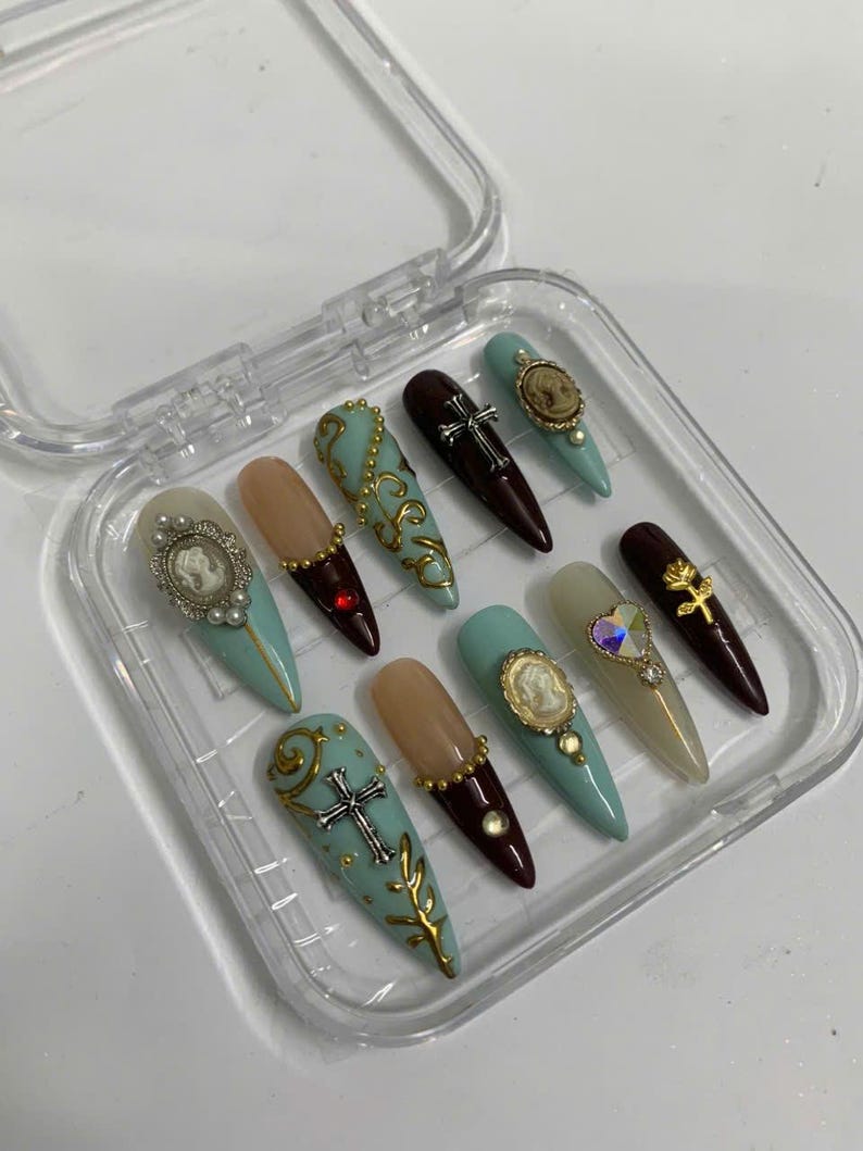 Vintage Baroque Press on Nails, Gothic Cameo Nail Set, Elegant Cross ...