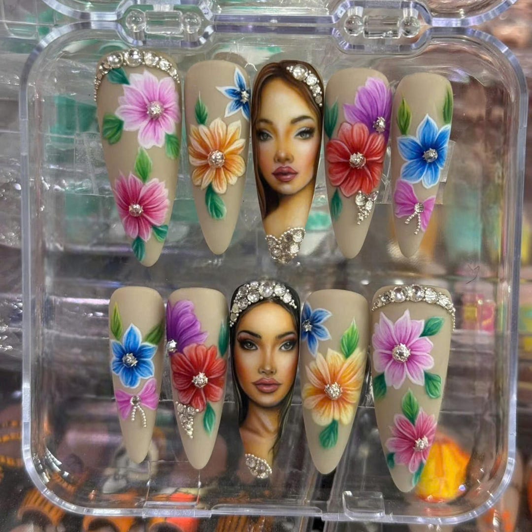 Luxury Portrait Press on Nails Hand Painted Floral Art Long Almond Nude ...
