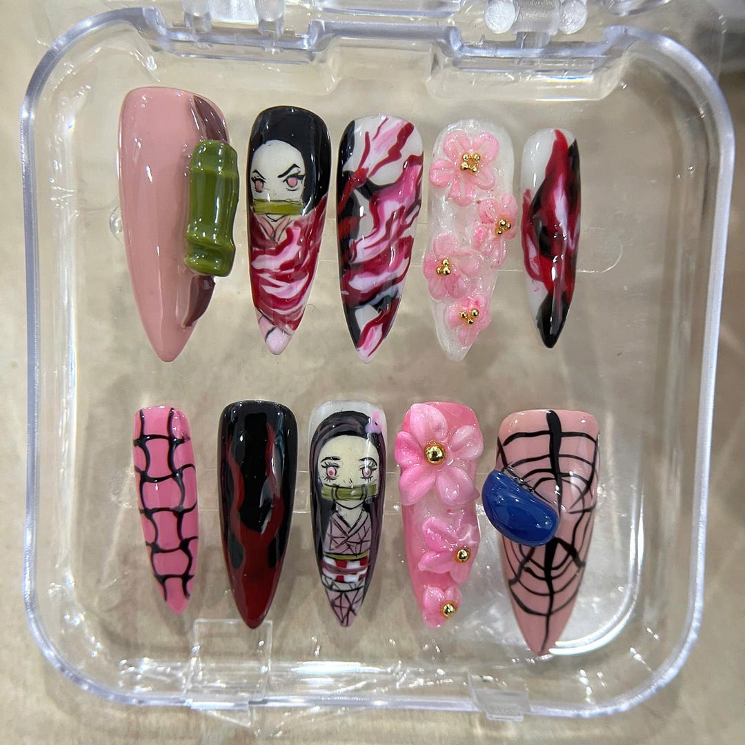 Nezuko Nails, Demon Slayer Anime Design, Pink Cherry Blossom 3D Art ...