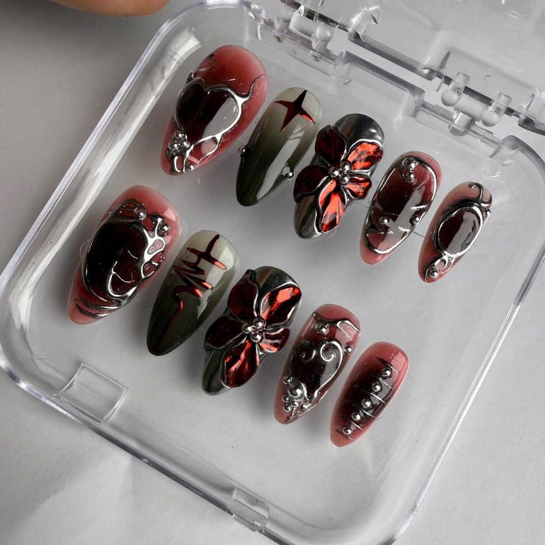 3D Gothic Press on Nails, Red Black Chrome Butterfly Nail Art With ...
