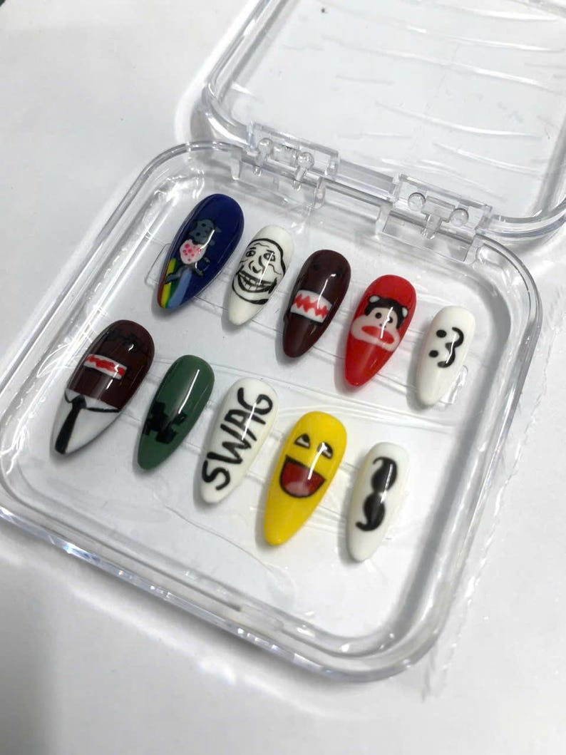 Funny Meme Press on Nails With Cartoon Faces | Hand Painted Fake Nails ...