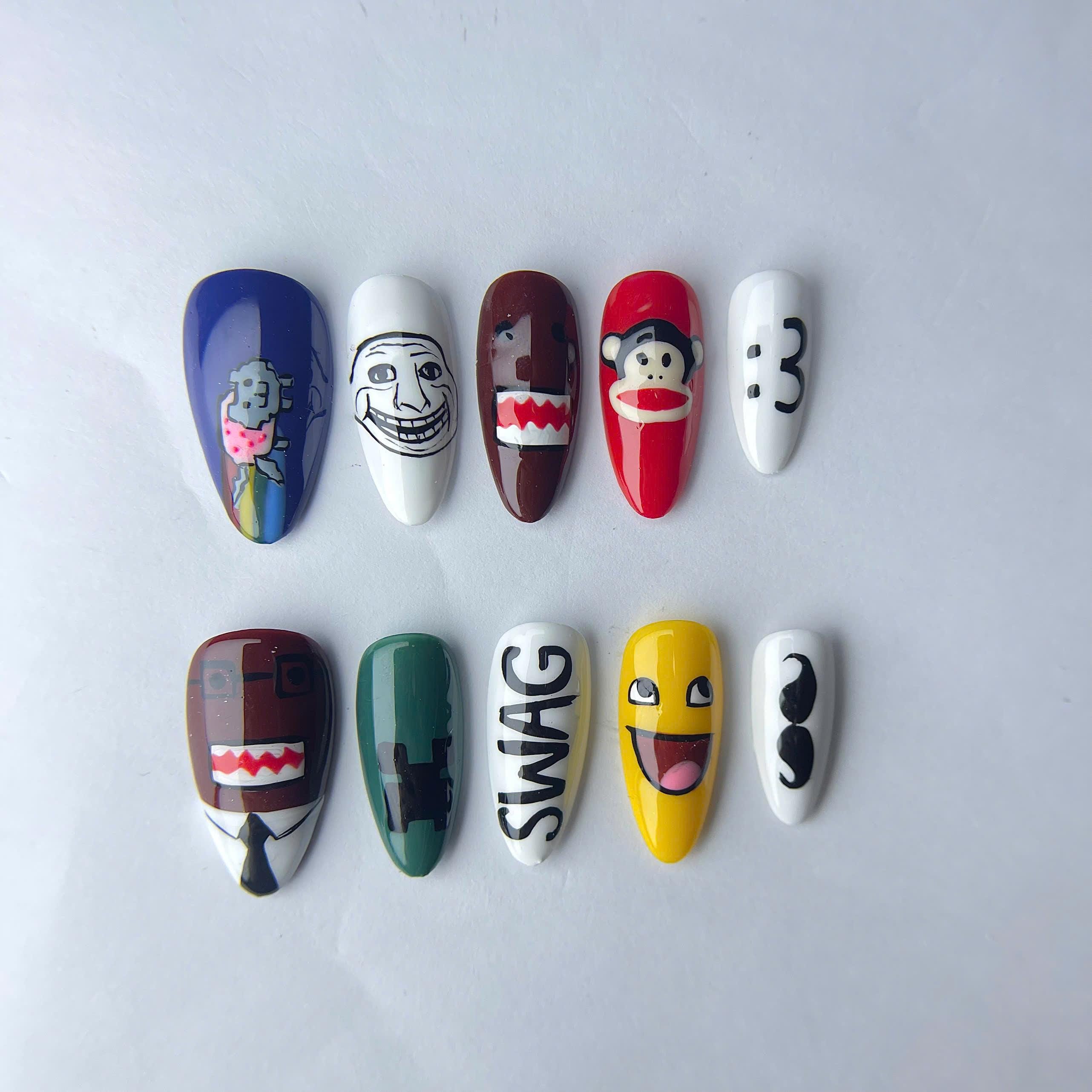 Funny Meme Press on Nails With Cartoon Faces | Hand Painted Fake Nails ...