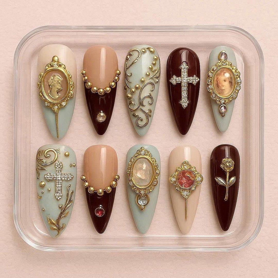 Vintage Baroque Press on Nails, Gothic Cameo Nail Set, Elegant Cross ...