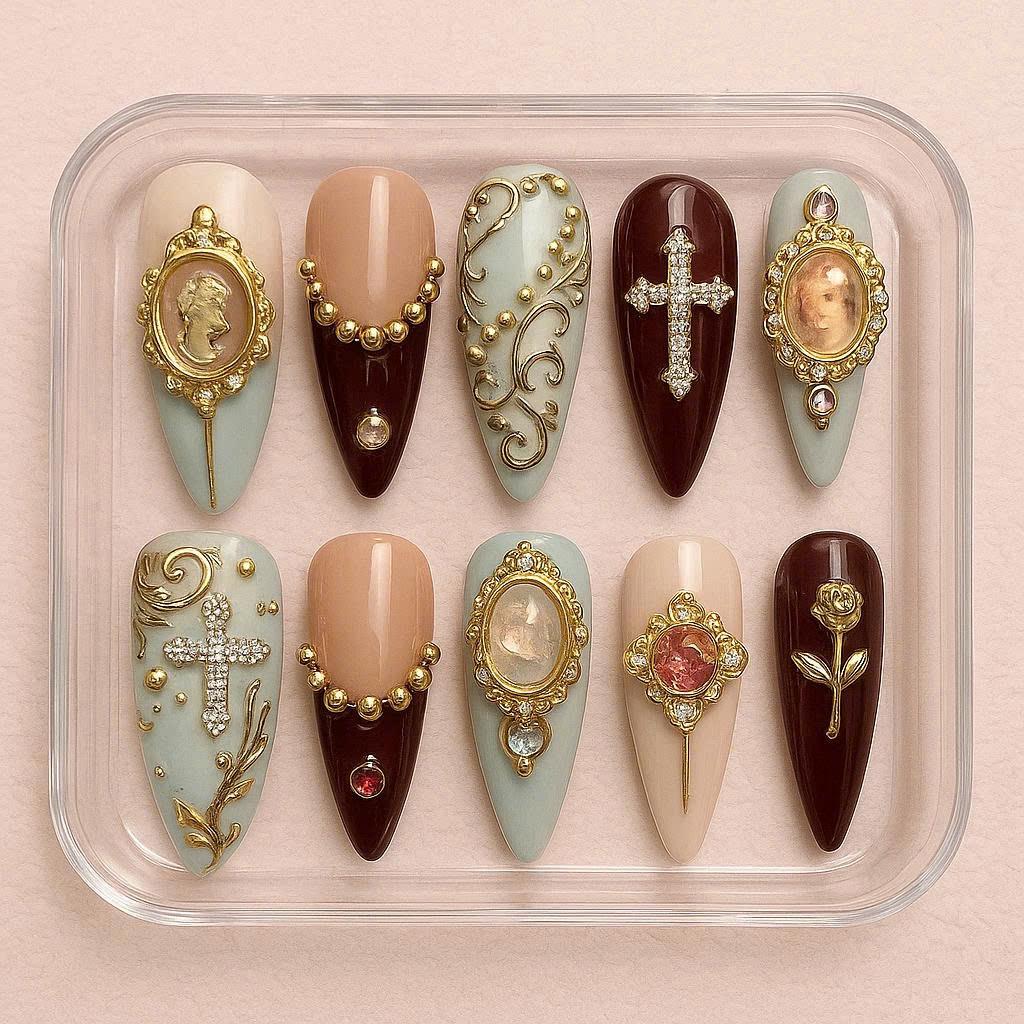 Vintage Baroque Press on Nails, Gothic Cameo Nail Set, Elegant Cross ...