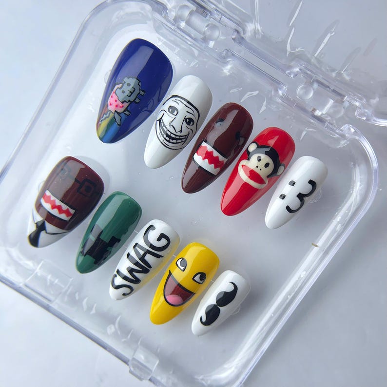 Funny Meme Press on Nails With Cartoon Faces | Hand Painted Fake Nails ...