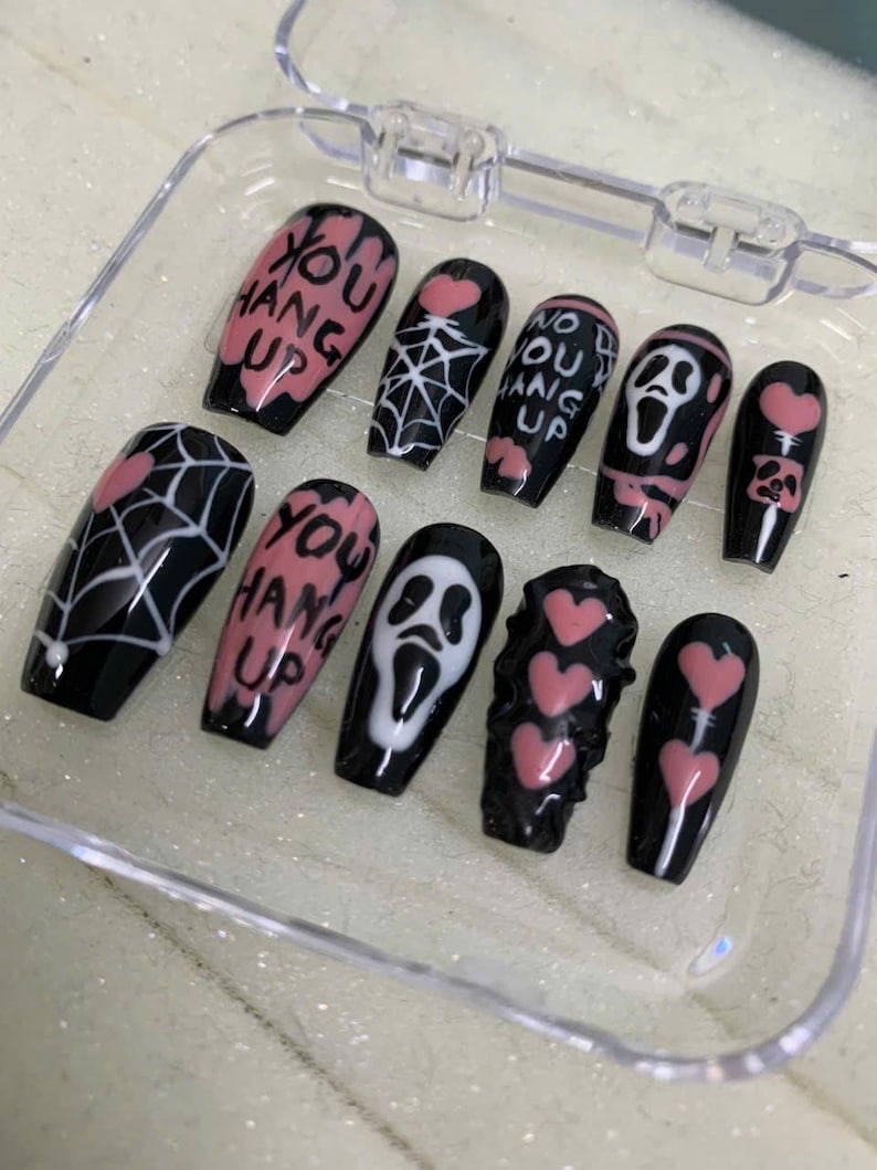 Scream Ghostface Press on Nails | Pink Black Horror Nail Art With ...