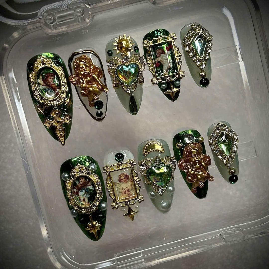 Luxury Baroque Green & Gold Press on Nails, Renaissance Angel Cherub ...