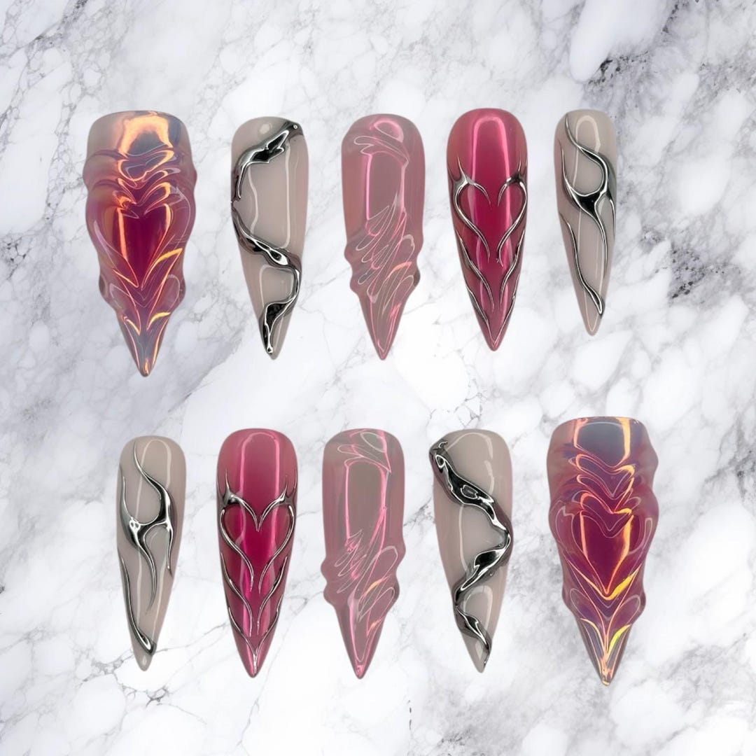Chrome Heart Flame Press on Nails | Metallic Red Pink Nails | Valentine ...