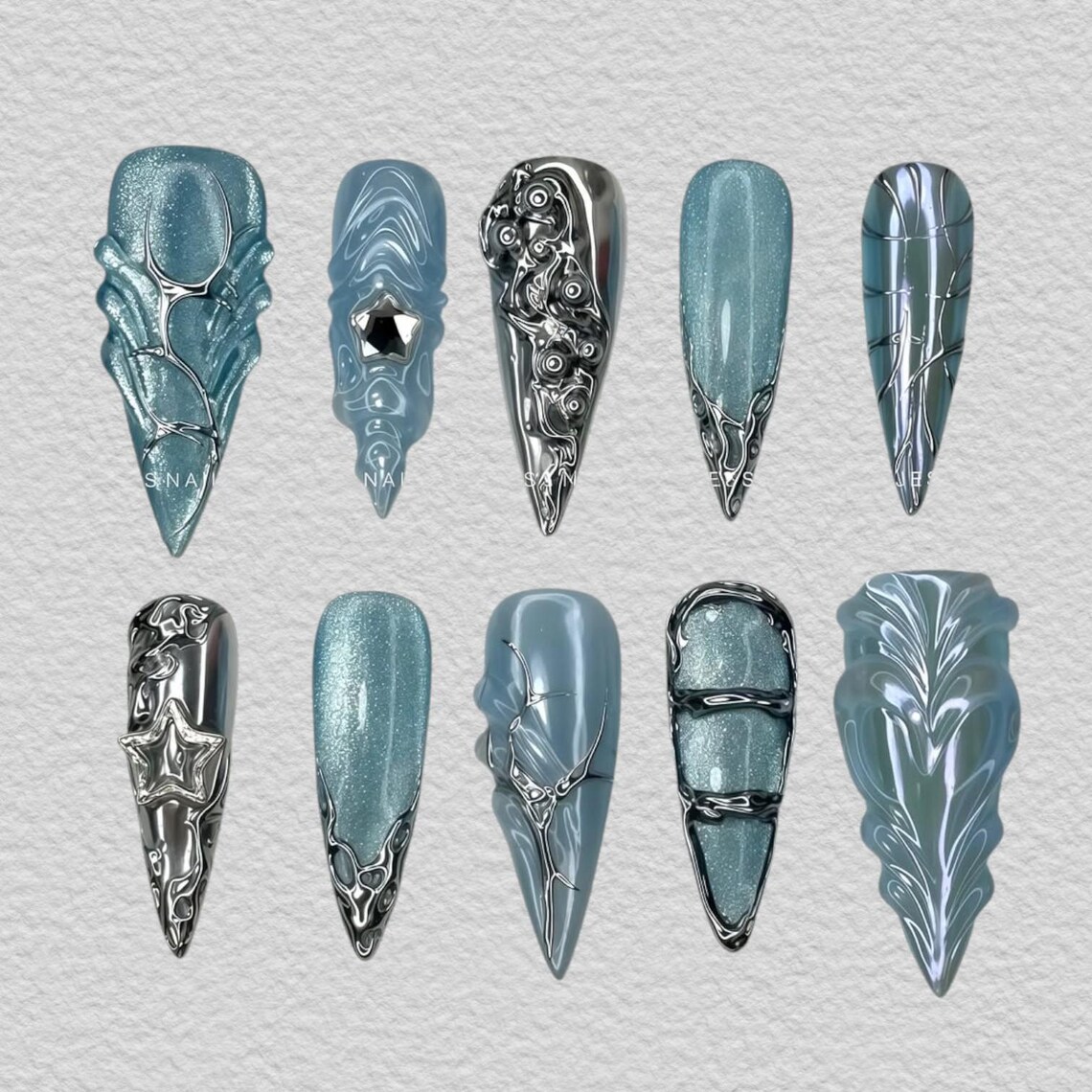 Cyberpunk Chrome Press on Nails | Blue Glazed Metallic 3D Nail Art ...