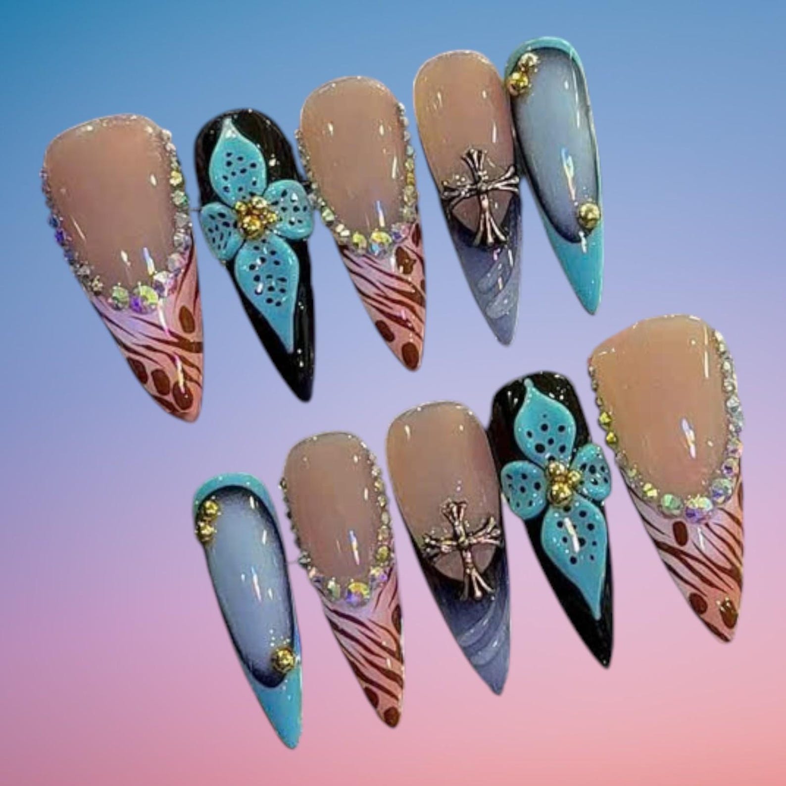 Gothic Y2K Press on Nails | 3D Blue Flower & Silver Cross Charms Fake ...
