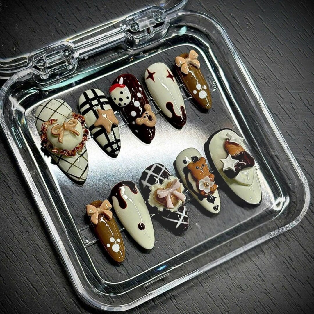 Spooky Cute Chocolate Drip Press on Nails, 3D Teddy Bear & Jason Mask ...