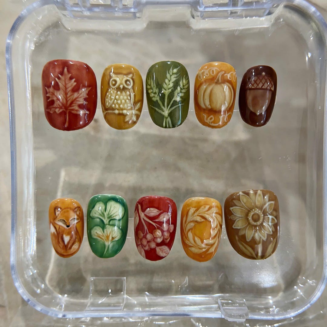 Autumn Forest Carved Nails | Fall Leaf Owl Pumpkin Design | 3D Relief ...