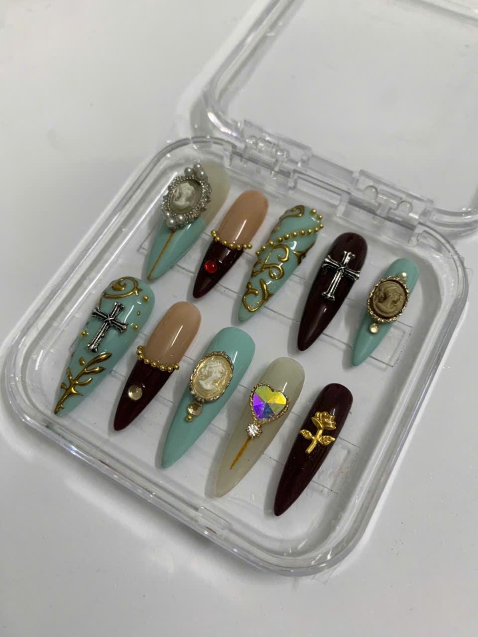 Vintage Baroque Press on Nails, Gothic Cameo Nail Set, Elegant Cross ...