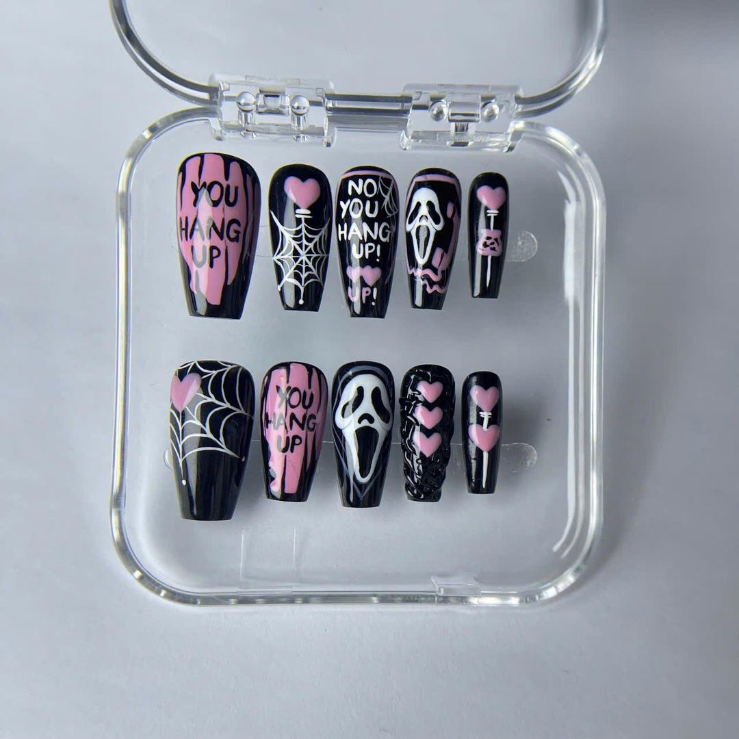 Scream Ghostface Press on Nails | Pink Black Horror Nail Art With ...