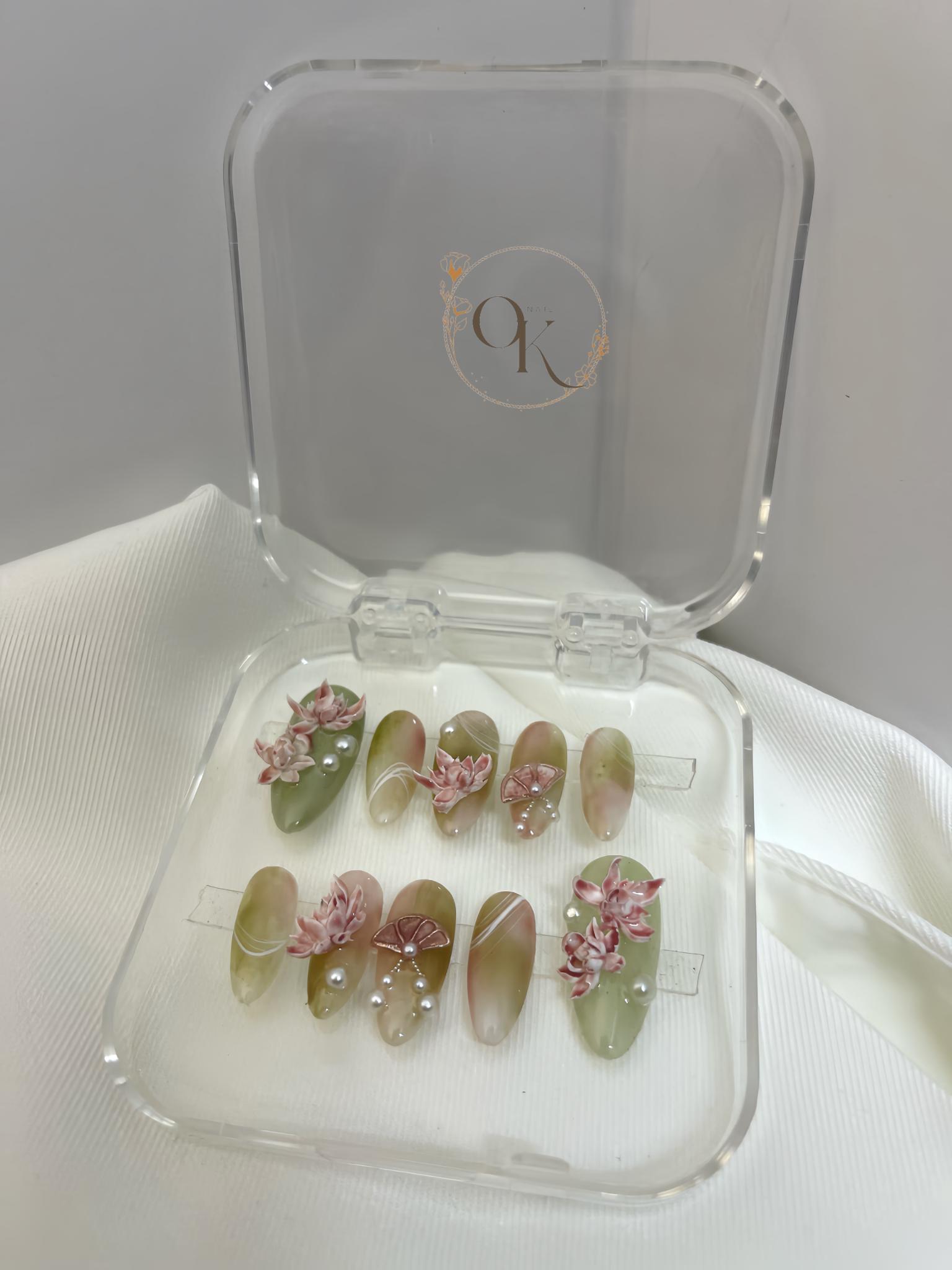Eastern Lotus Press on Nails, Vintage Green Pink 3D Nails, Tranquil ...