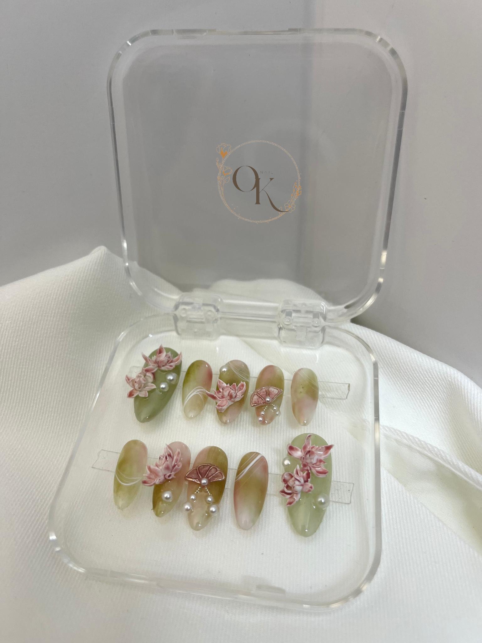Eastern Lotus Press on Nails, Vintage Green Pink 3D Nails, Tranquil ...