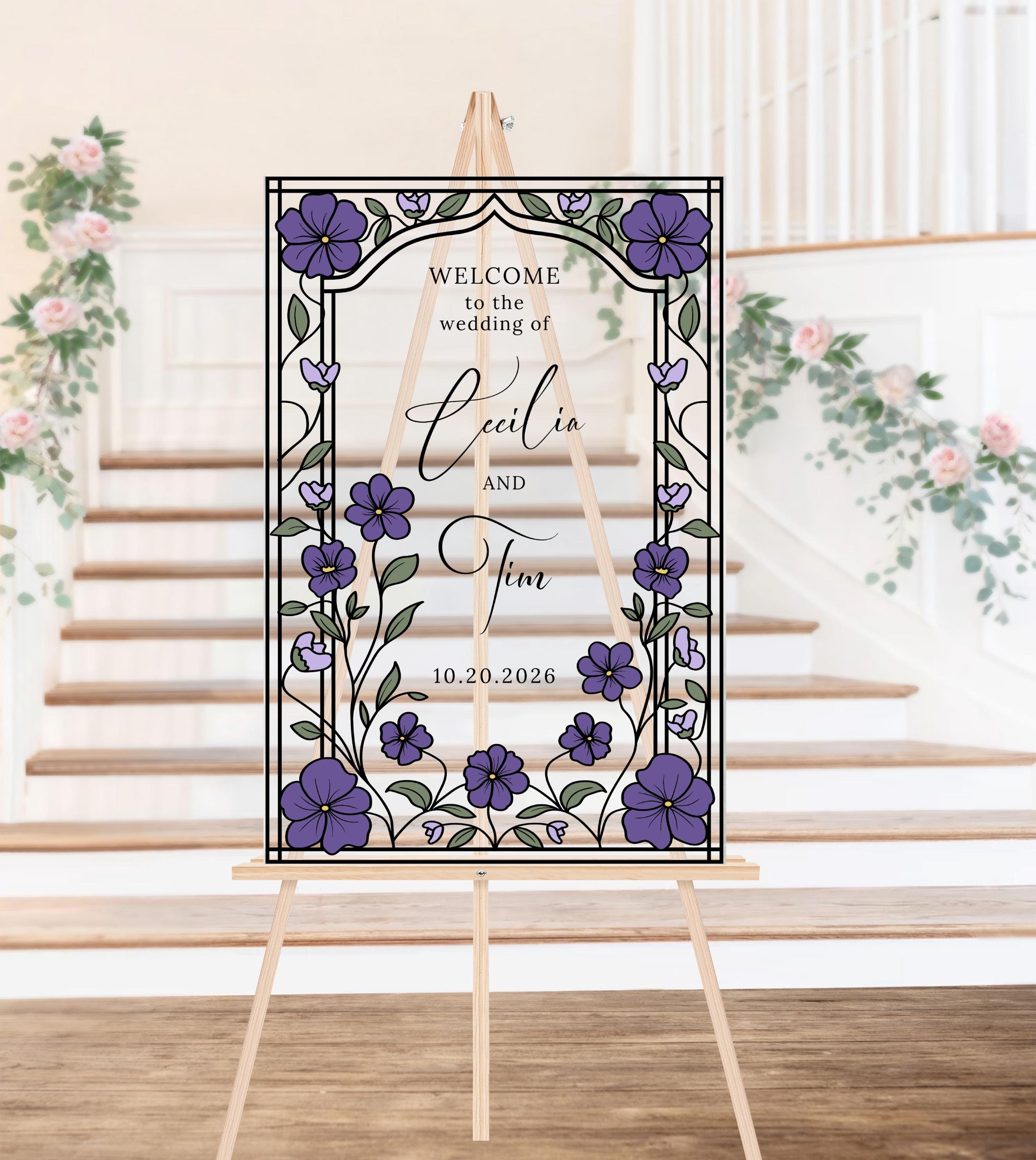 Acrylic Stained Glass Design Wedding Welcome Sign, Custom Floral Decor ...