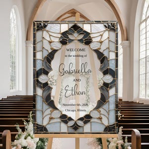 Wedding Welcome Sign Stained Glass, Custom Acrylic Black White and Gold ...