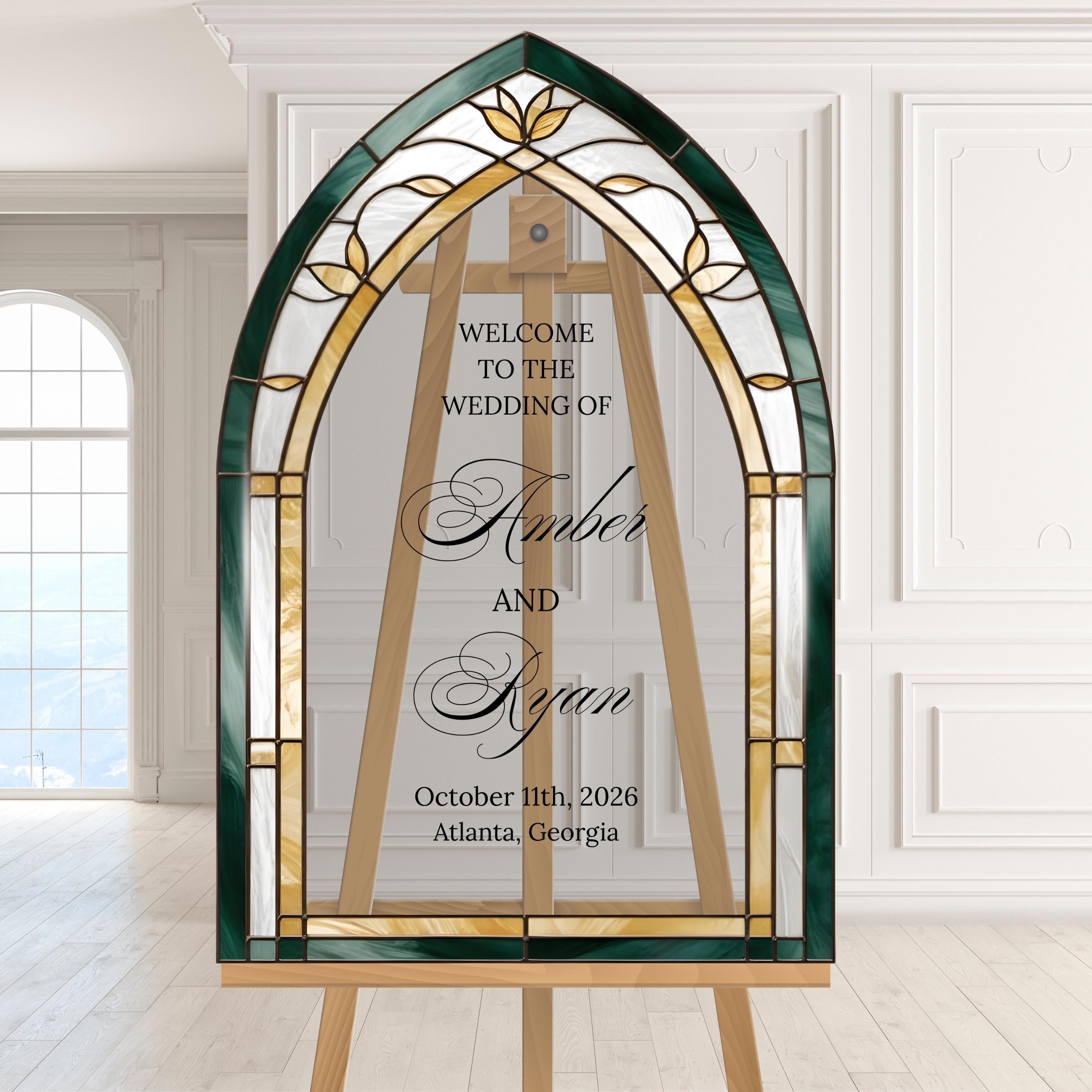 Wedding Welcome Sign Stained Glass, Custom Acrylic Green and Gold ...