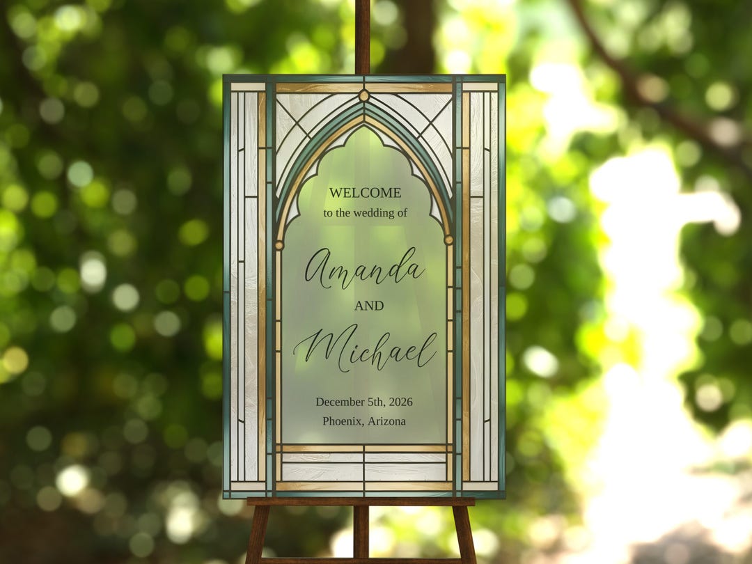 Wedding Welcome Sign Stained Glass Arch, Custom Acrylic Green and Gold ...