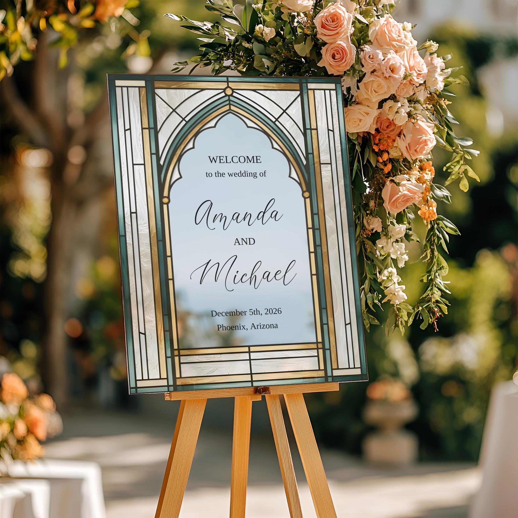 Wedding Welcome Sign Stained Glass Arch, Custom Acrylic Green and Gold ...