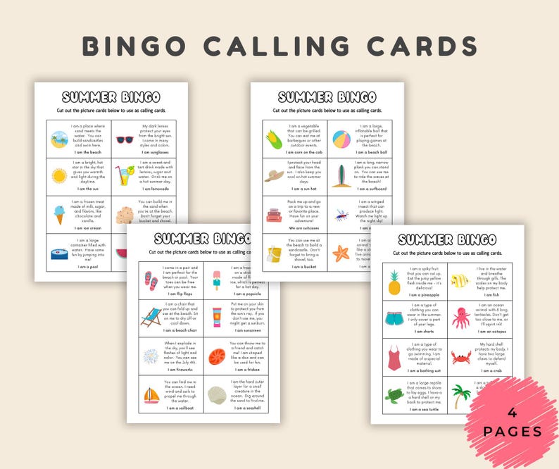 Summer Bingo Printable Game for Kids – 18 Pages With 8 Cards, Calling ...