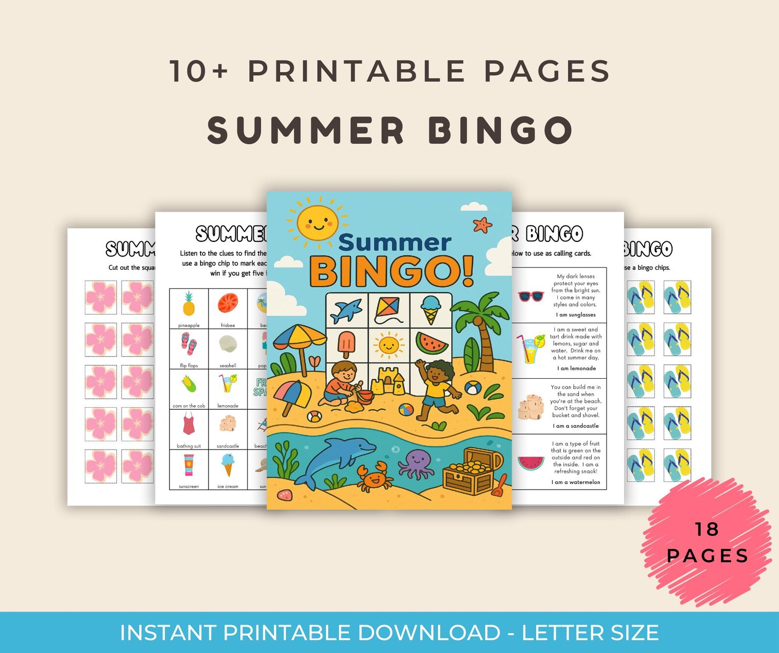 Summer Bingo Printable Game for Kids – 18 Pages With 8 Cards, Calling ...