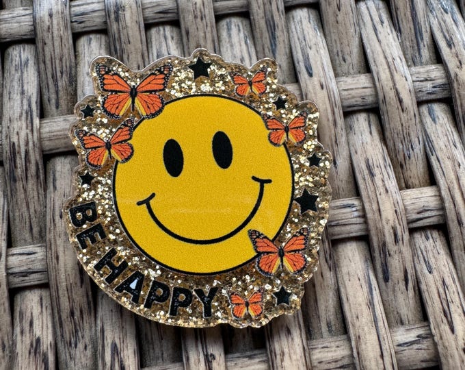 Acrylic Flatback, Be Happy, Smiley Face, Butterfly, Star, Yellow ...