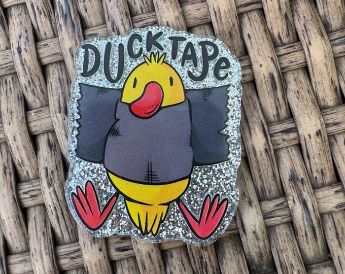 Duck With Tape Humor Acrylic Flatback – Glitter Badge Reel Topper & Bag ...