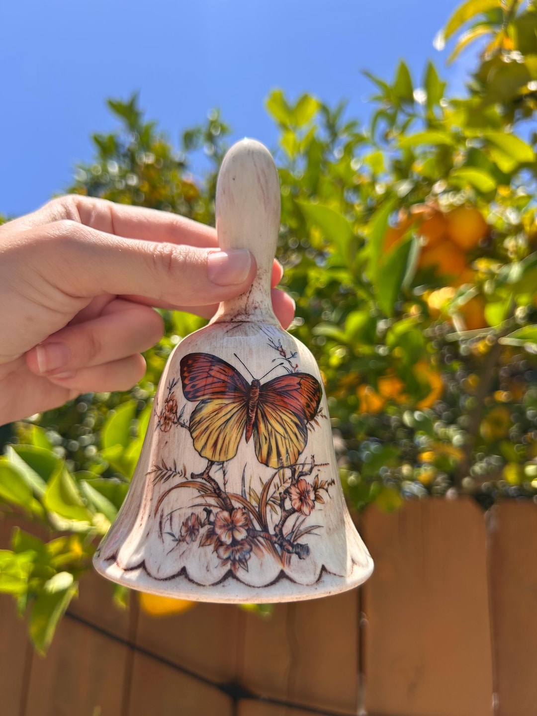 Vintage Ceramic Orange & Yellow Butterfly Bell With Floral Detail - Etsy